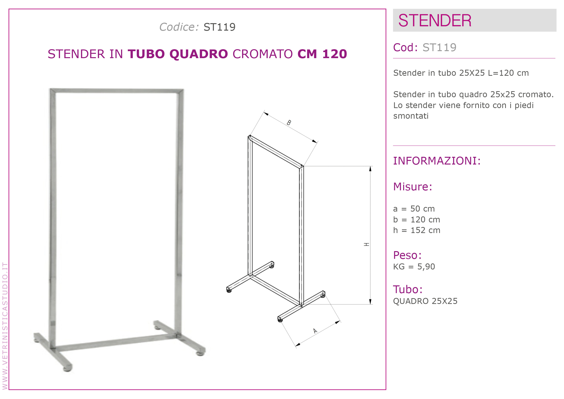 Stender in tubo quadro design 120cm - Vetrinistica Studio